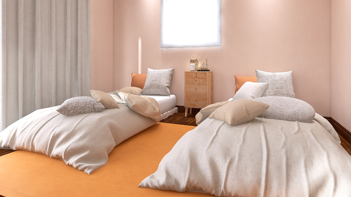 ブラウンとオレンジで優しげに！8畳寝室のリラックスコーディネート | カヴァースインテリア